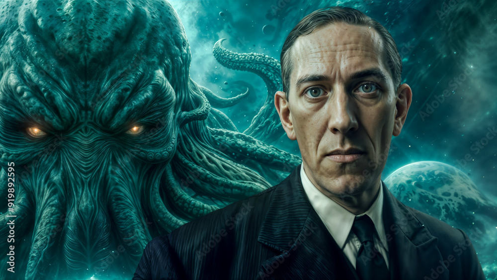 Man embodying H.P. Lovecraft with Cthulhu looming behind, featuring ...