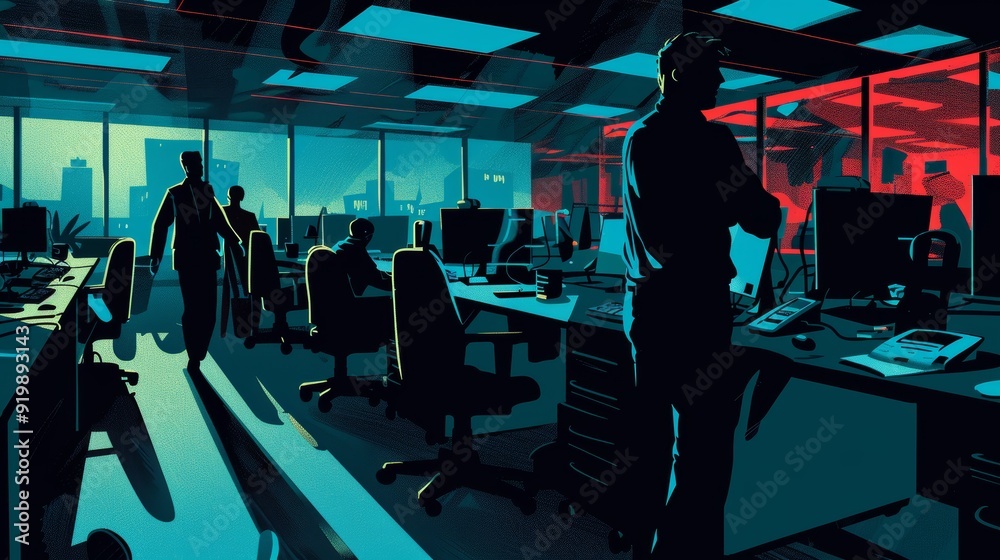 Corporate Office Illustration with Dark Shadows and Stressed Employees ...