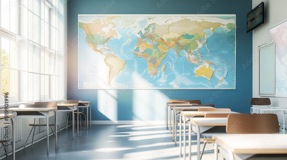 Classroom with empty desks, large world map on blue wall, bright ...