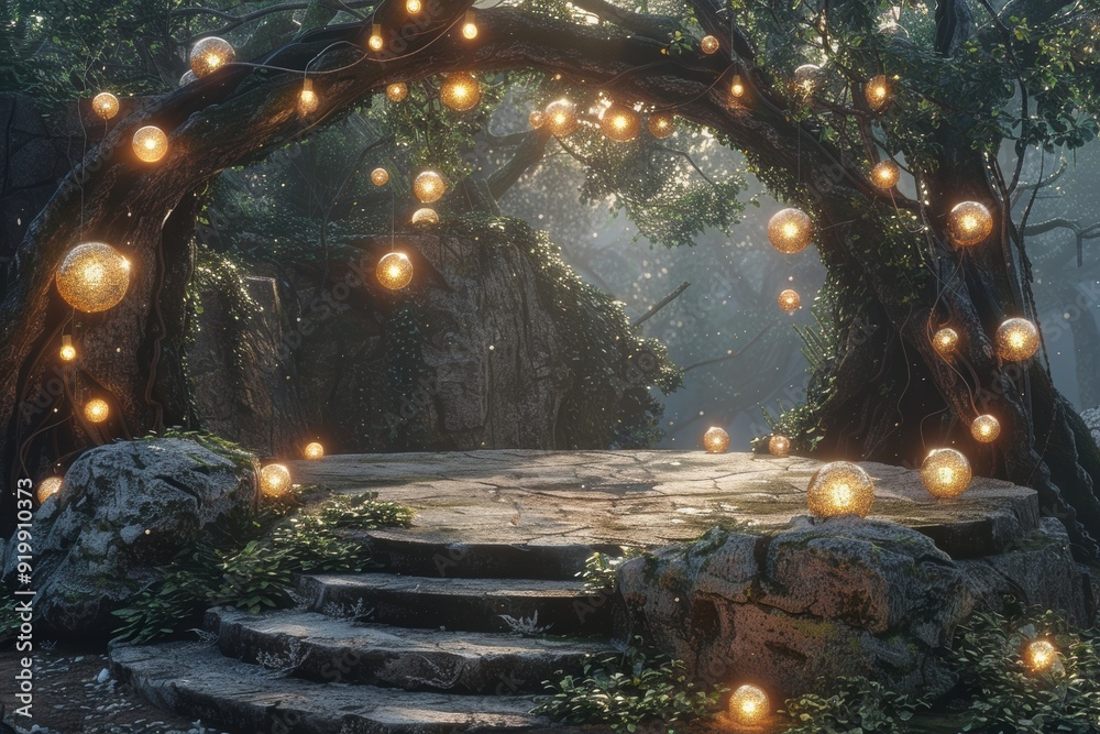 Mystical Podium Beneath Enchanted Trees With Floating Baba Yagas at ...