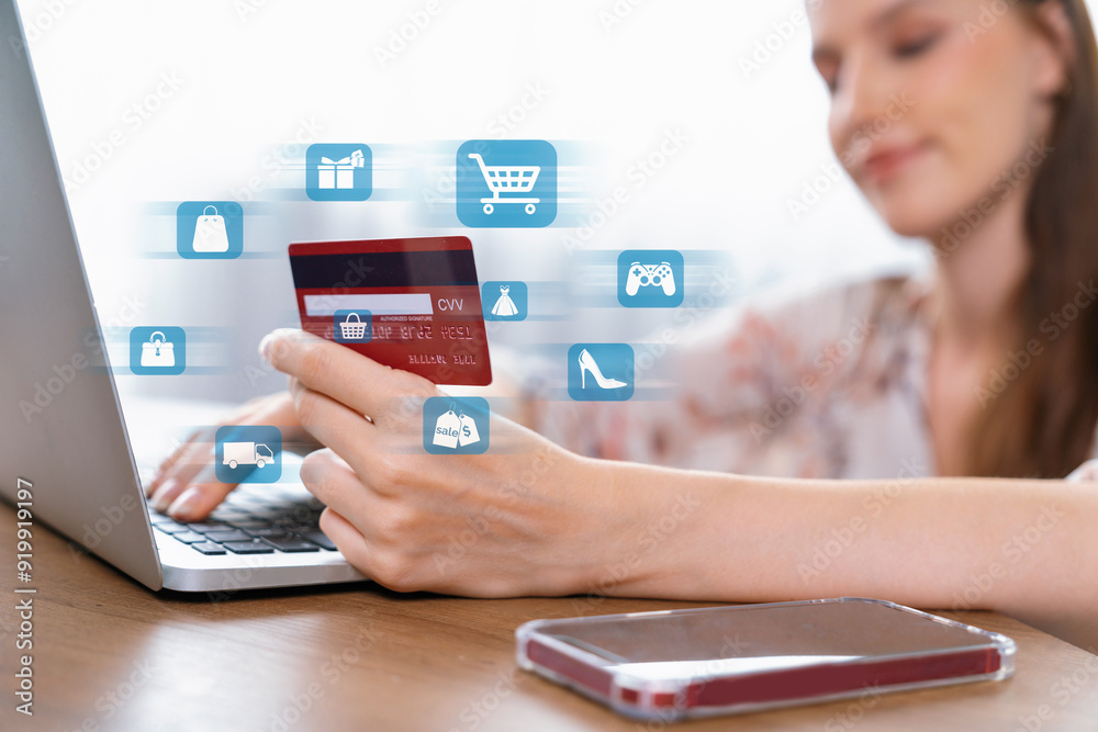 Elegant customer wearing floral shirt holding credit card choose online ...