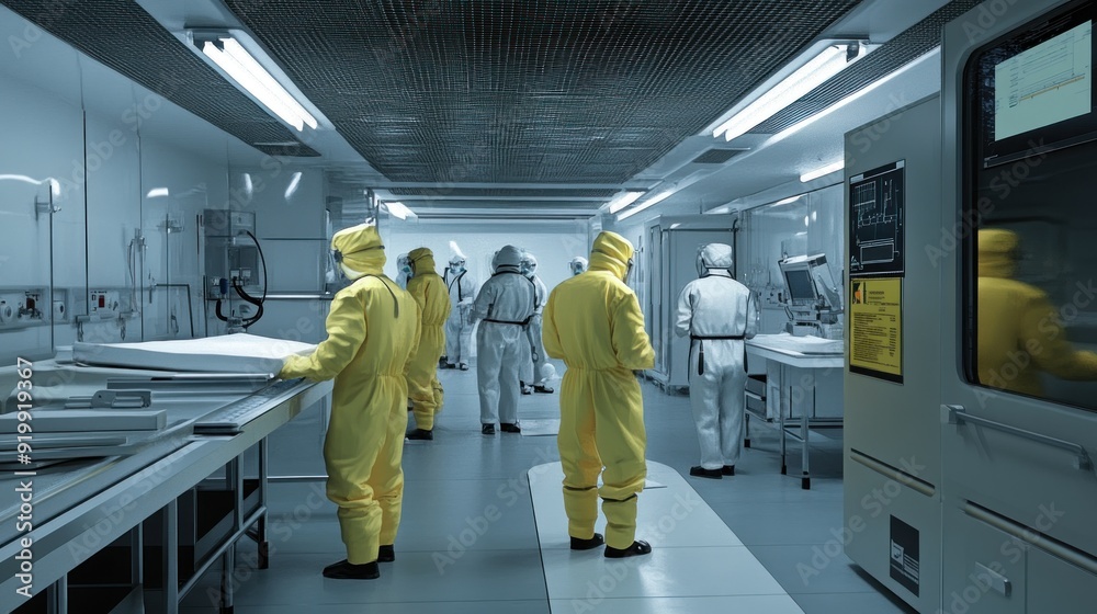 Generate a photo realistic image of workers undergoing radiation safety ...