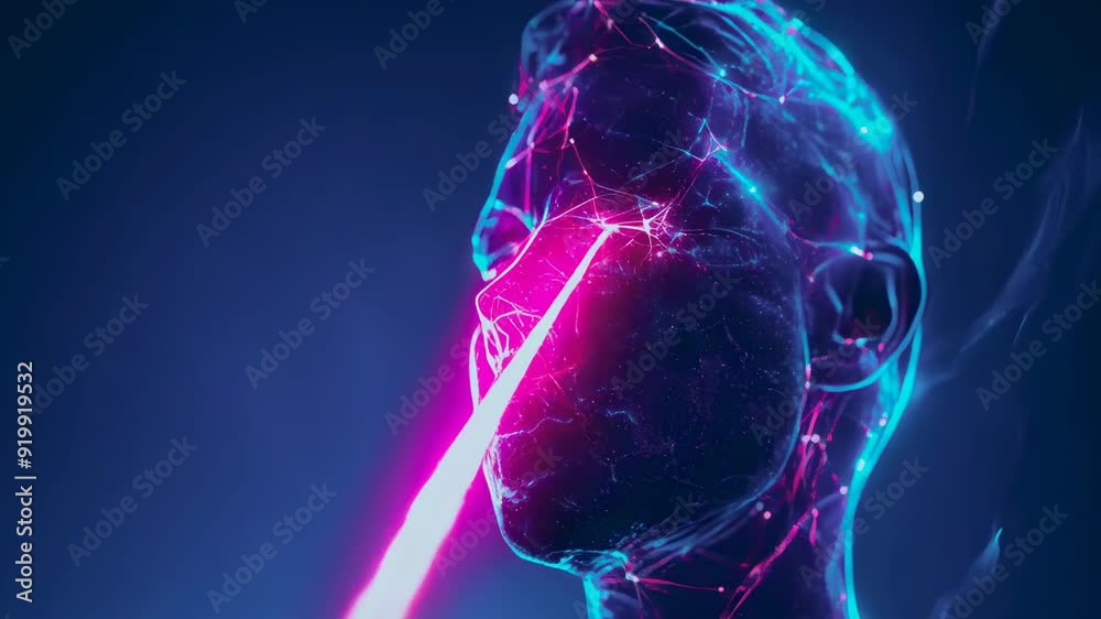 A digital representation of a human head in neon blue and pink lights ...
