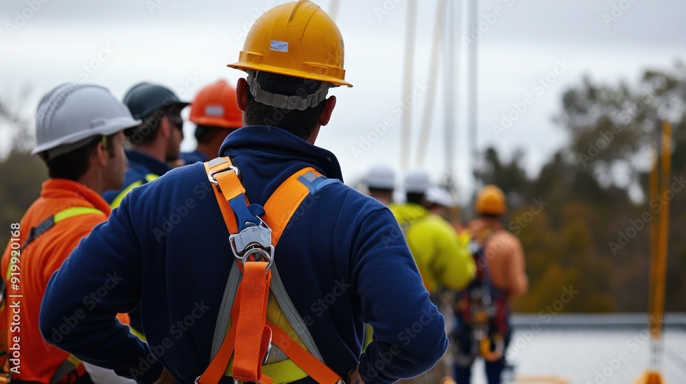 Generate a photo realistic image of workers undergoing fall protection ...