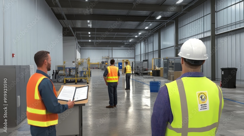 Generate a photo realistic image of a workplace undergoing an OSHA ...