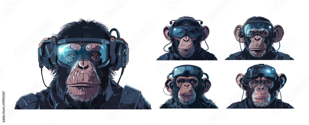 Ape android head cartoon vector set. Monkey cables spectacles lens ...