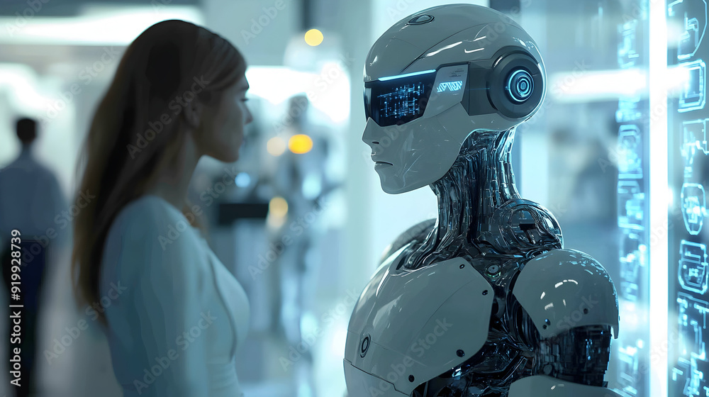 Humanoid Robots Interacting with Humans - A visual of humanoid robots engaging in daily tasks ...