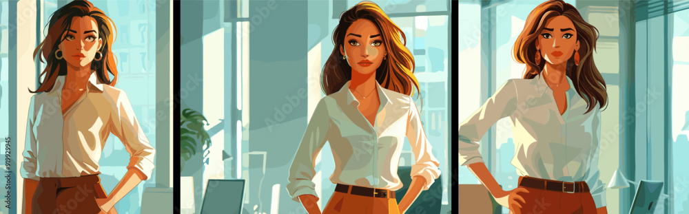 Businesswoman look cartoon vector scenes. Long hair white blouse window ...