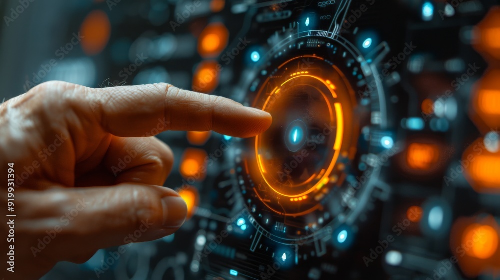 Touchscreen Innovation Illustrate a mans finger interacting with a high ...