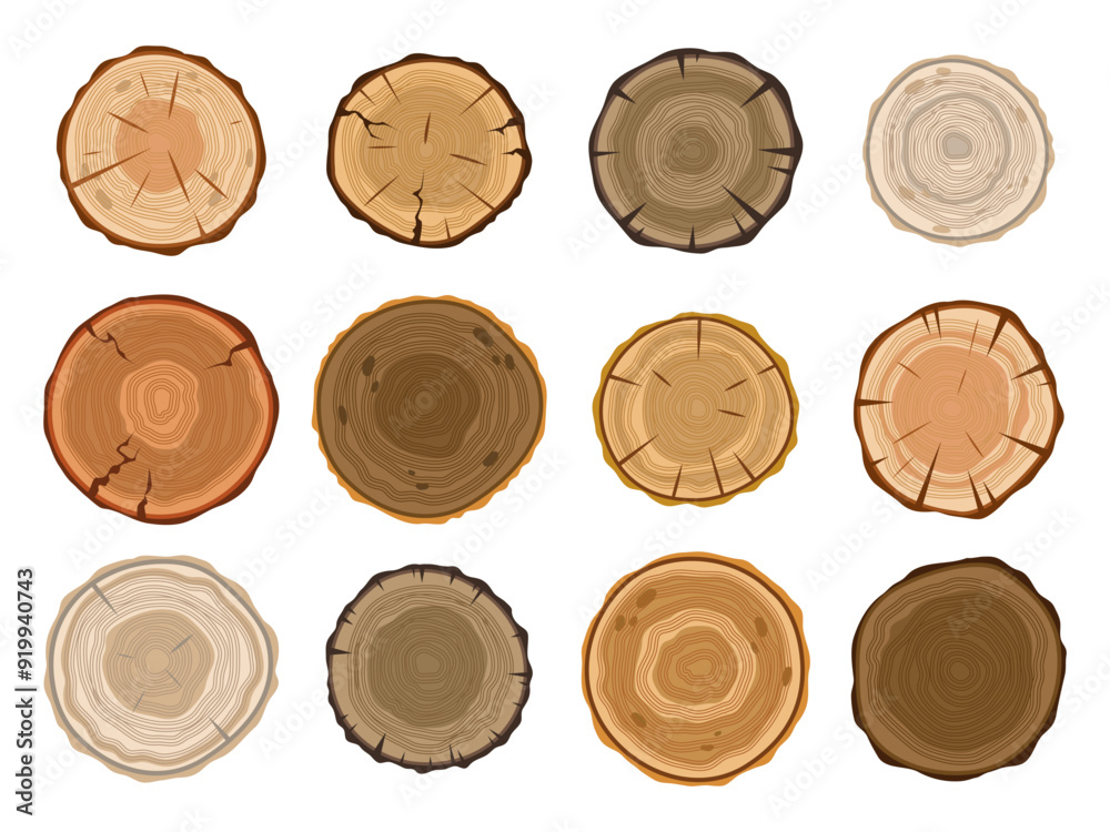 Wooden trunk cuts. Annual tree rings, stump, top view, circle textures ...