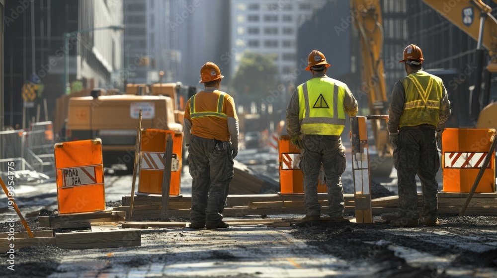 Generate a photo realistic image of workers installing safety signage ...