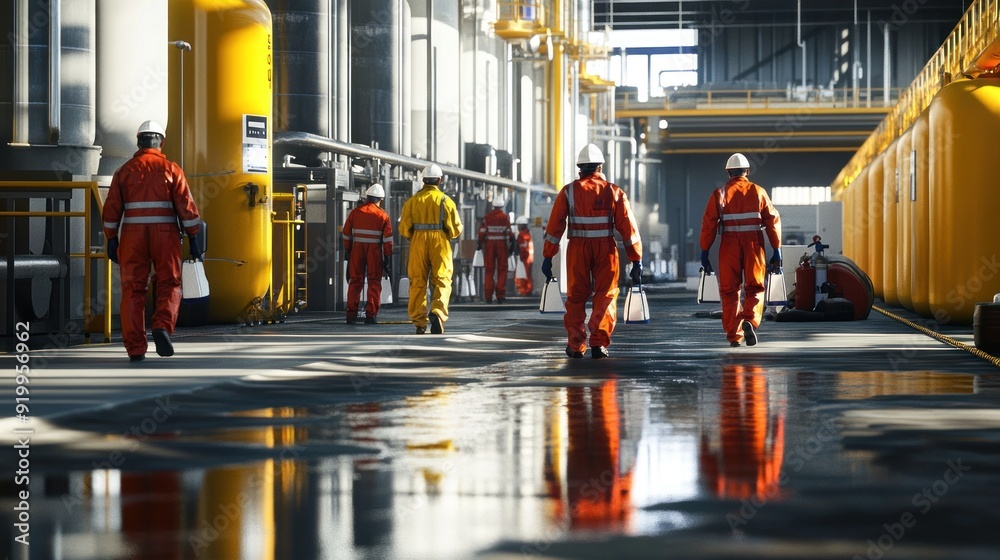 Generate a photo realistic image of workers training on chemical ...