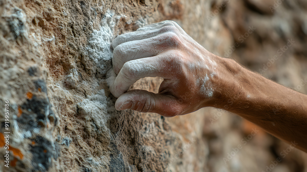 A rock climber’s close-up of their chalk-covered hand in mid-grip on a ...