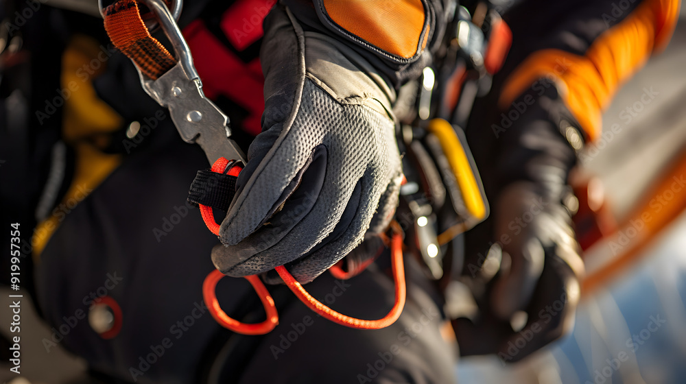 A skydiver’s close-up of their gloved hands adjusting the parachute ...
