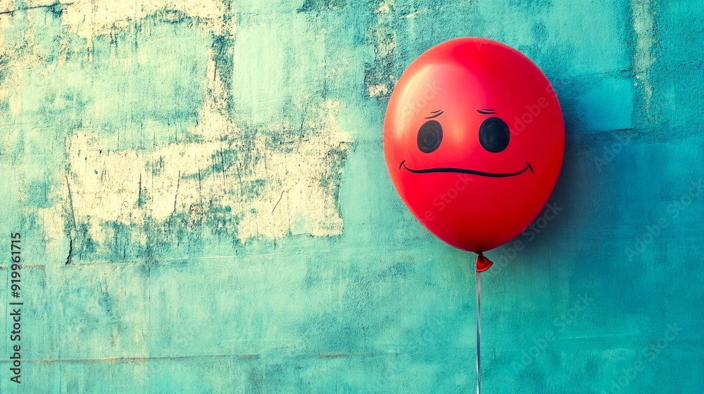 Red balloon with a sad face drawing against a textured blue wall. This ...