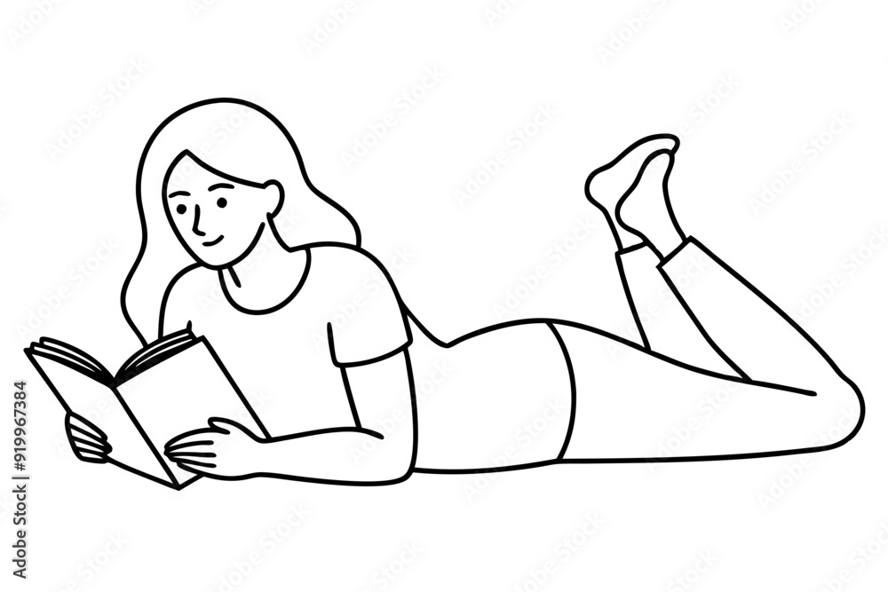 Minimalist Line Art Woman in Prone Position Reading a Book - Vector ...
