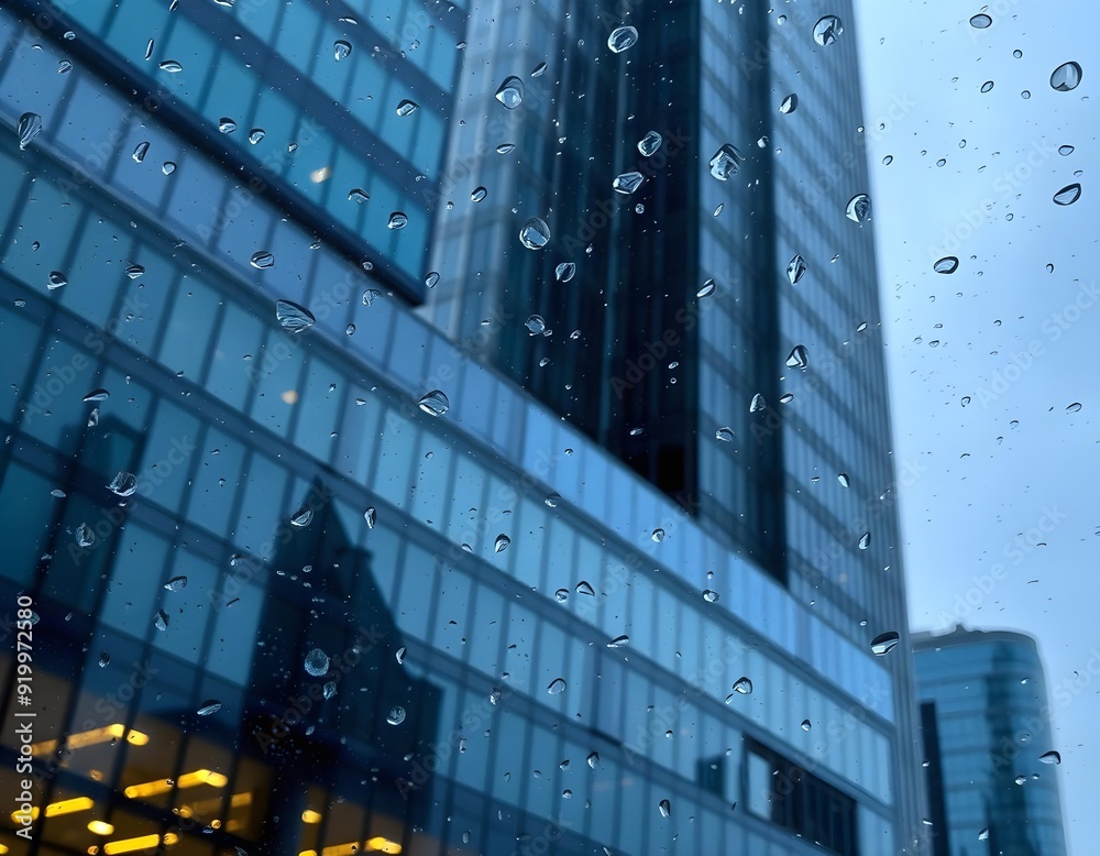 Reflective skyscraper business office buildings during a rainy day ...