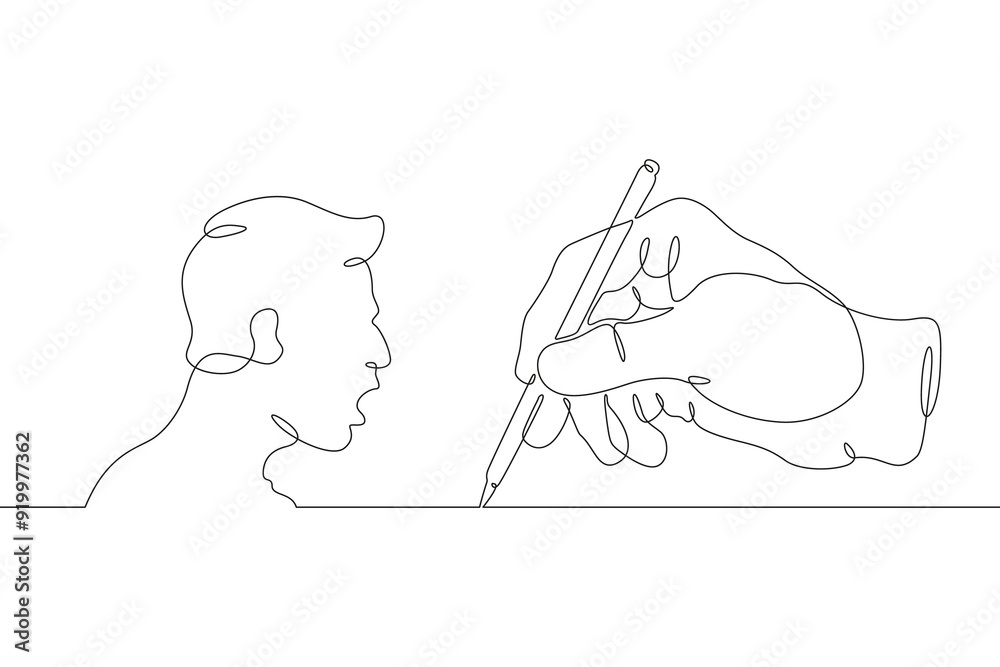 Hand with pen draws talking head. Man speaks. Pencil in hand. Profile ...