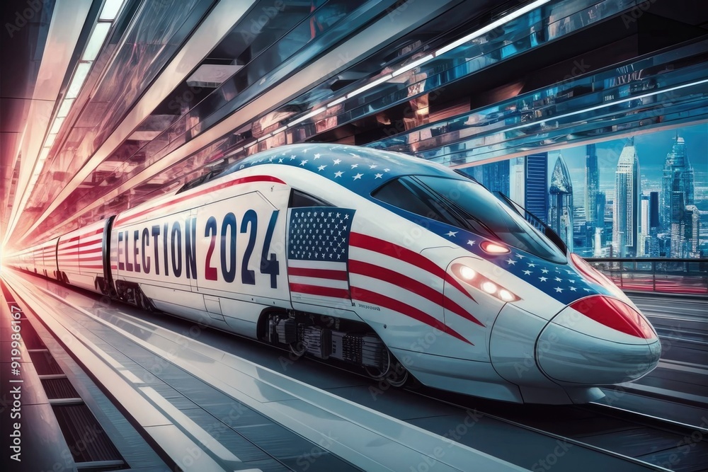 Speed train in motion with the slogan "Election 2024" and USA flag ...