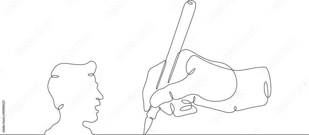 Hand with pen draws talking head. Man speaks. Pencil in hand. Profile ...