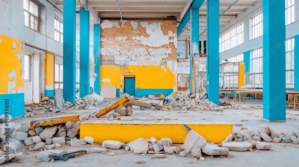 Demolition site interior with rubble and debris scattered on the floor ...