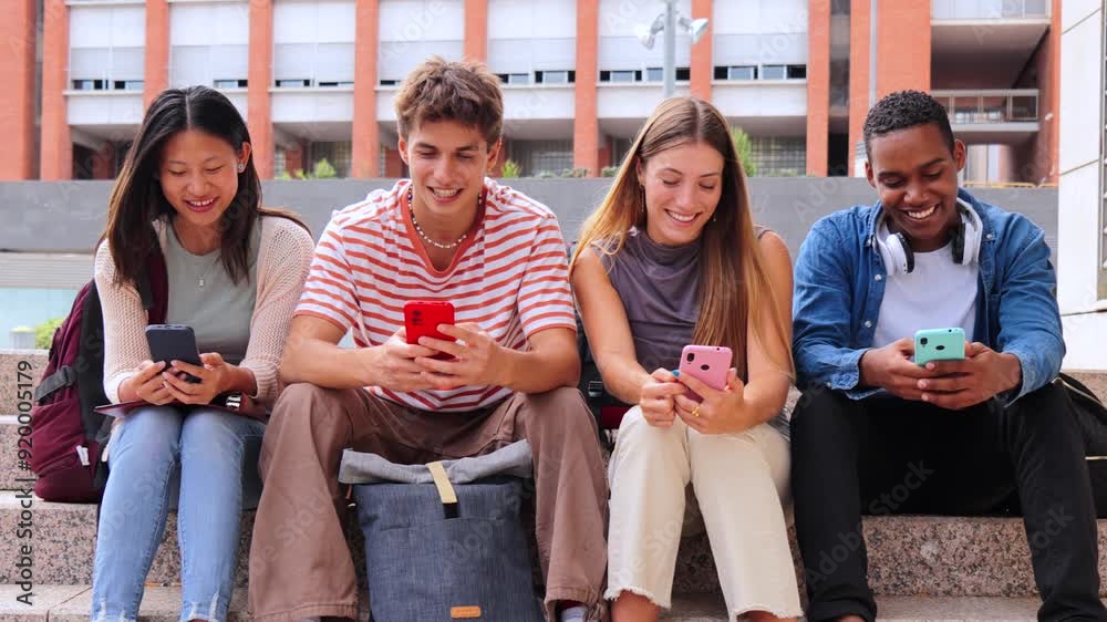 A group of young multiracial students using a cellphone to check their ...