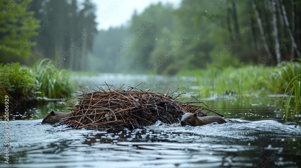 Beavers building dams to establish territory and control water flow ...