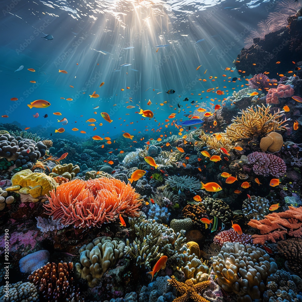 Coral reefs with diverse marine life creating a balanced underwater ...