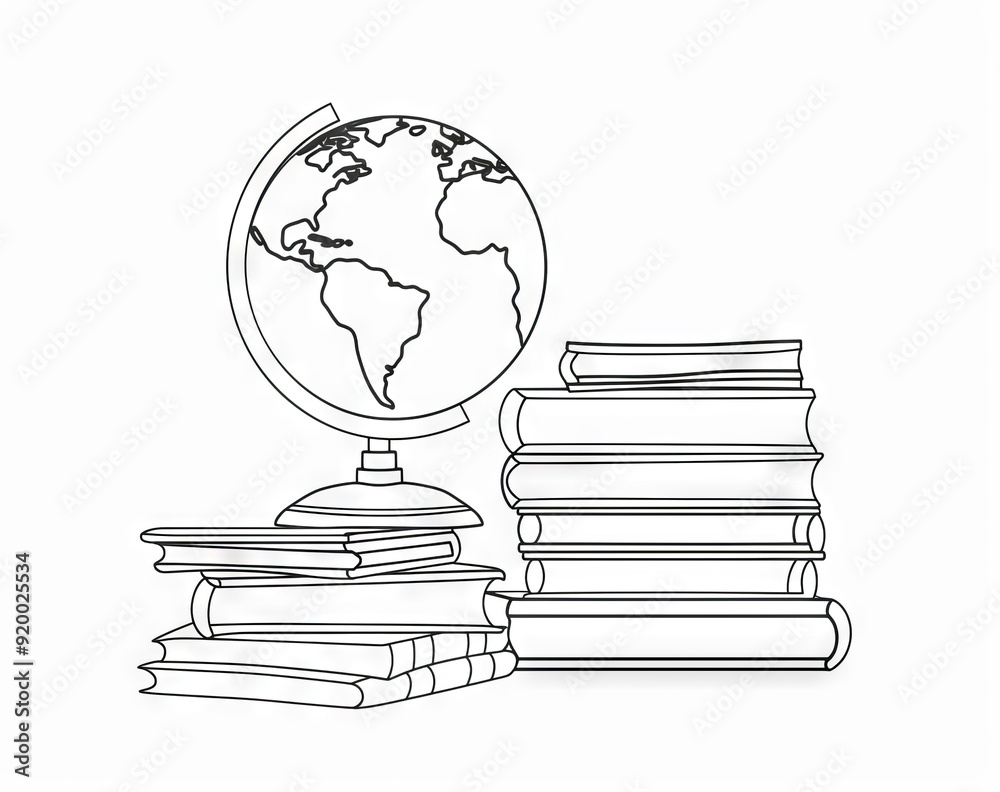 Line art illustration of stack of books and globe globe world map ...