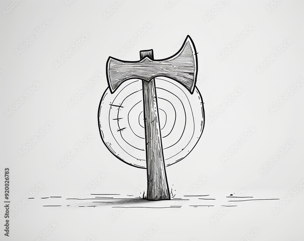 One line drawing of the axe thrown into the target of wood. Throw axe ...