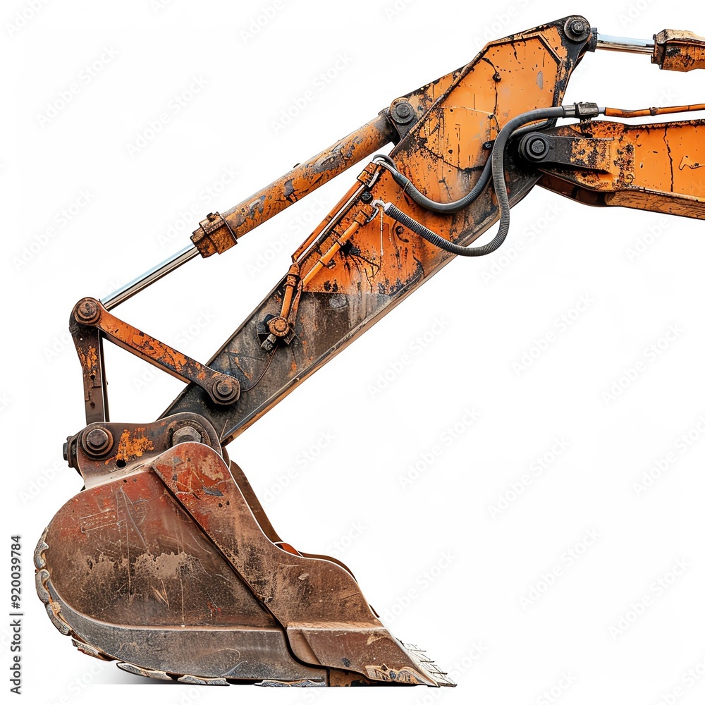 Closeup of an excavators arm and bucket, isolated on a white background ...
