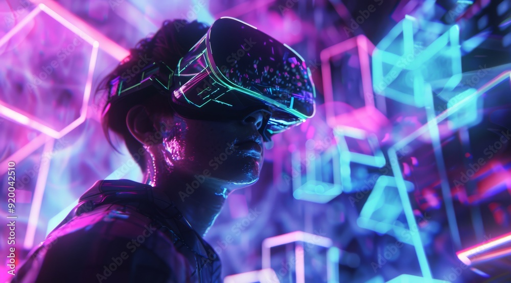 This vivid depiction shows a user immersed in a vibrant virtual reality ...