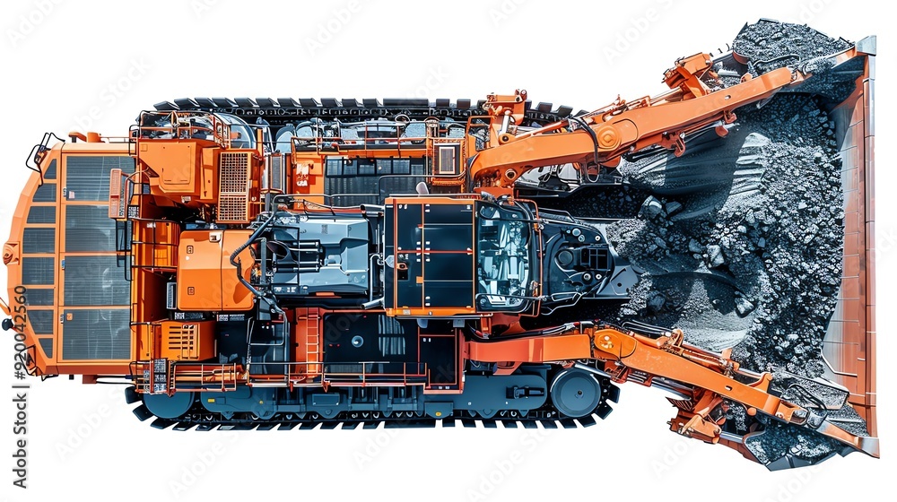 Overhead view of a crawler loader with a full bucket, isolated on white ...