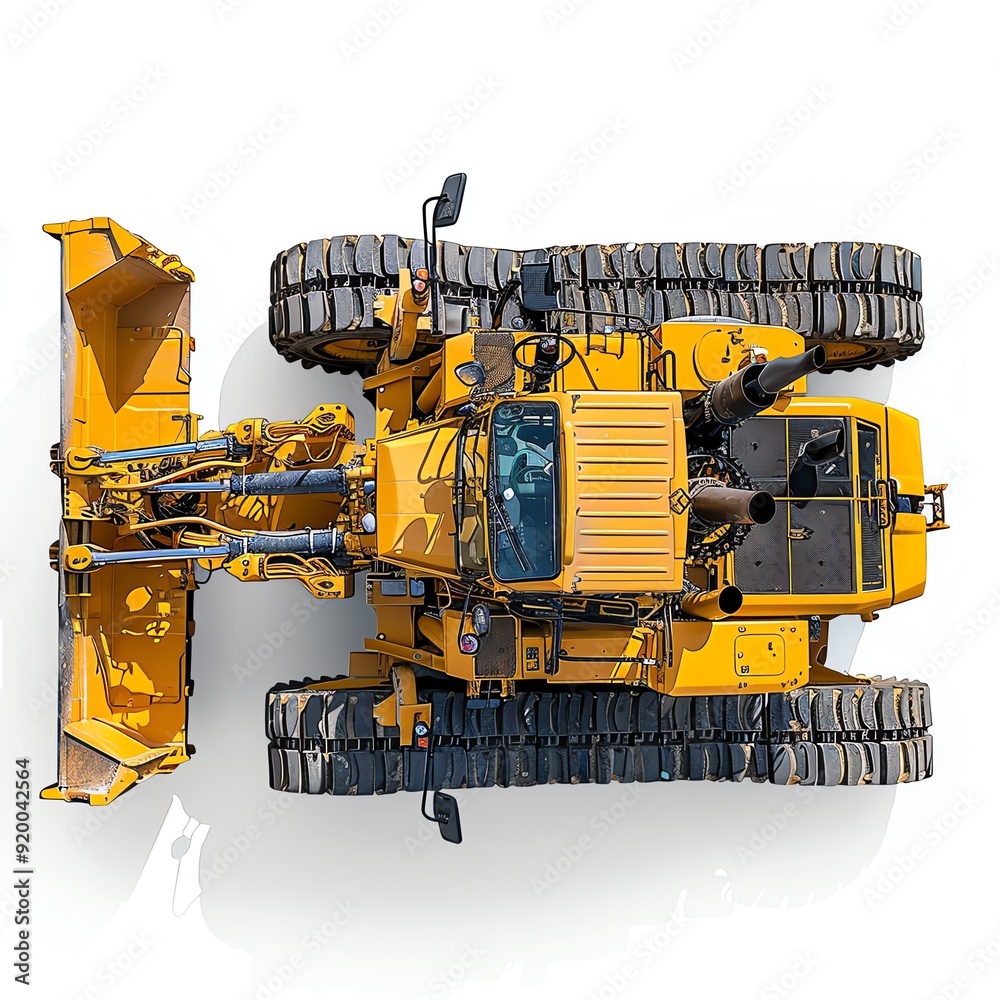 Overhead view of a grader with an extended blade, isolated on white ...