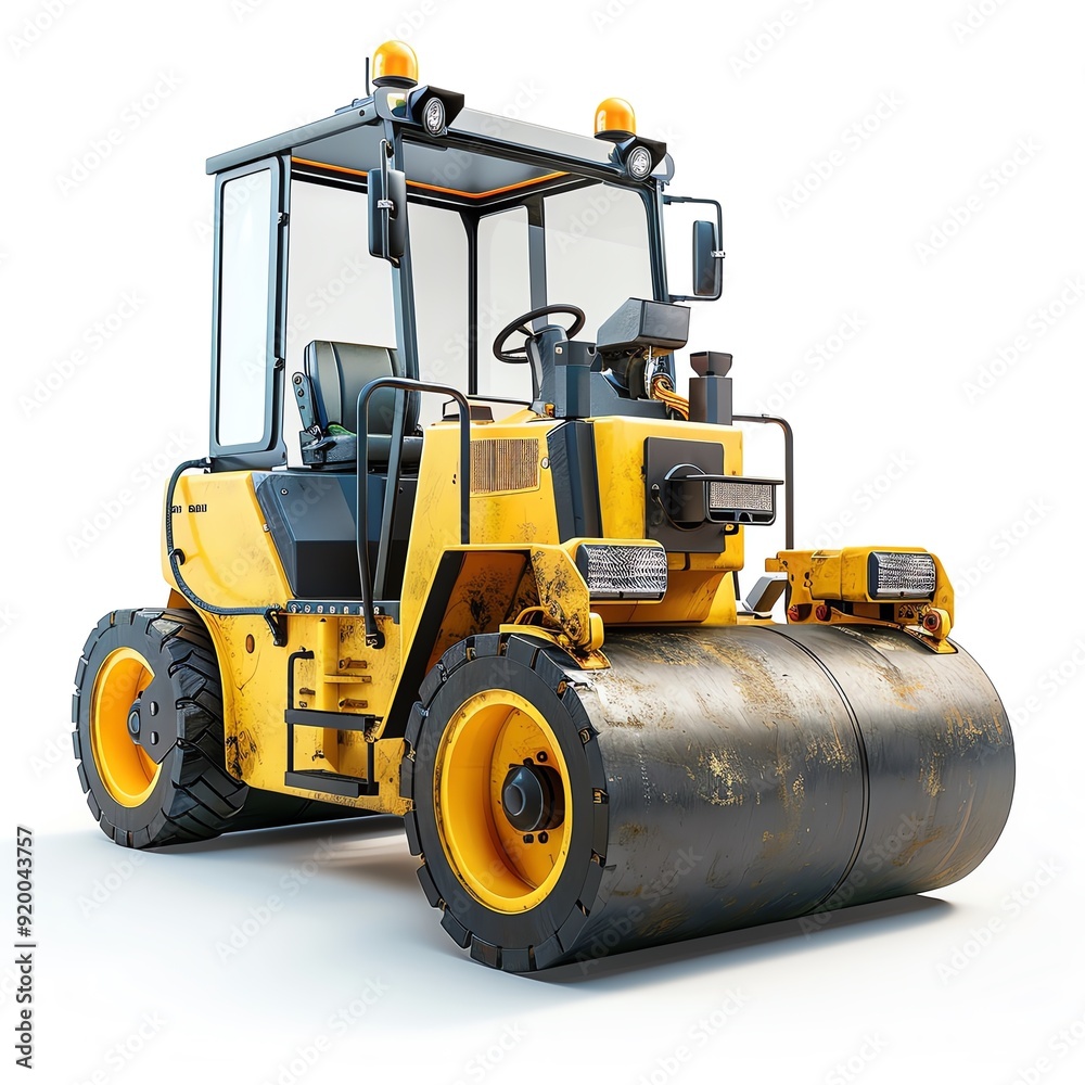 Small vibratory roller with adjustable drum settings, isolated on white ...