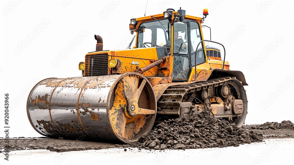 Tandem drum roller compactor with double drums, centered on a white ...