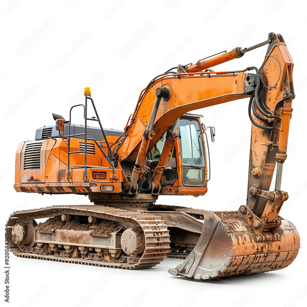 Wheel excavator with a clamshell bucket attachment, isolated on white ...
