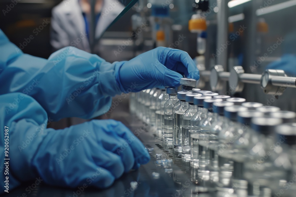 In a bustling pharmaceutical factory, a dedicated medical worker ...