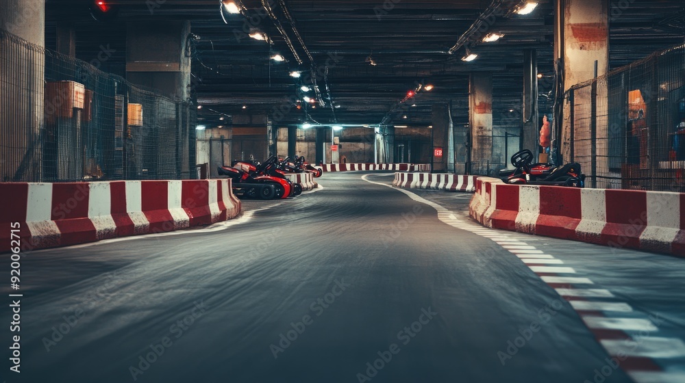 Empty karting track with tight turns and barriers, awaiting the next ...