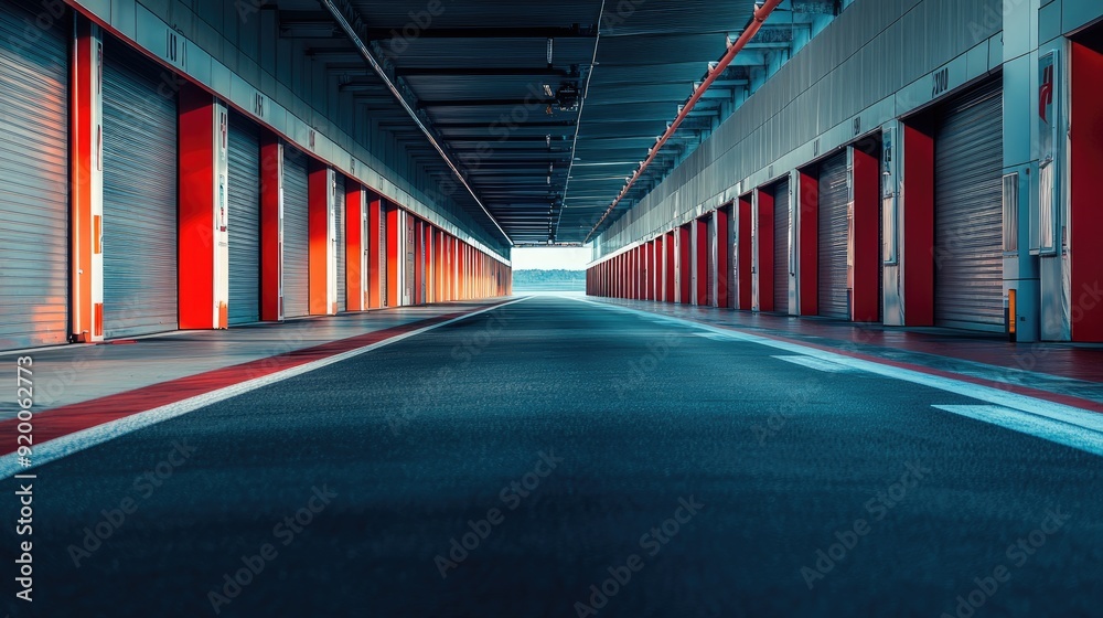 Empty pit lane alongside a racetrack, with garages closed and track ...