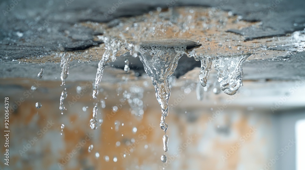 Water leaking from ceiling causing damage and dripping indoors Stock ...