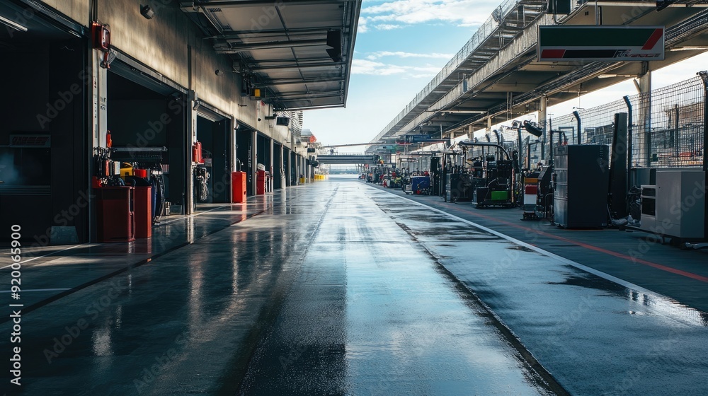 Pit lane with empty garages and equipment ready for the next race, a ...