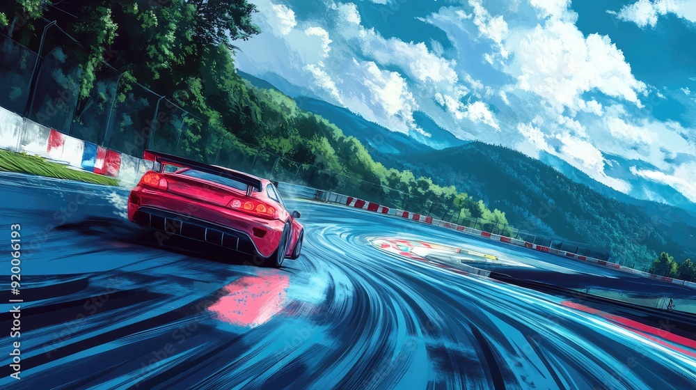 Race track with a sports car drifting around a corner, highlighting ...
