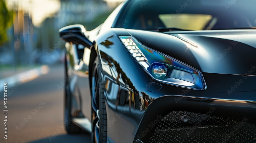 The aggressive front end of a sports car, with its bold grille and ...
