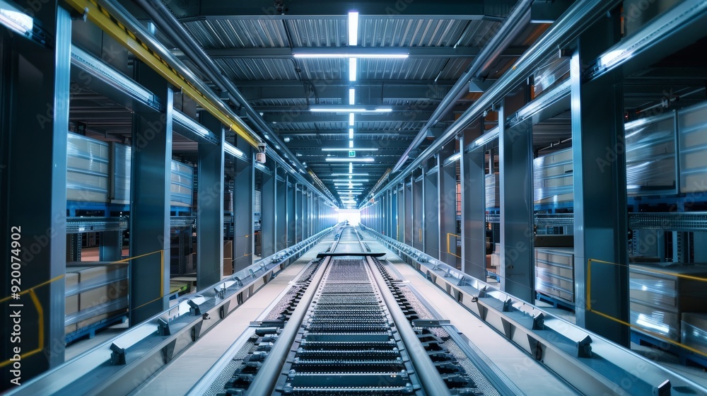 The interior of a high-capacity warehouse with automated sorting and ...