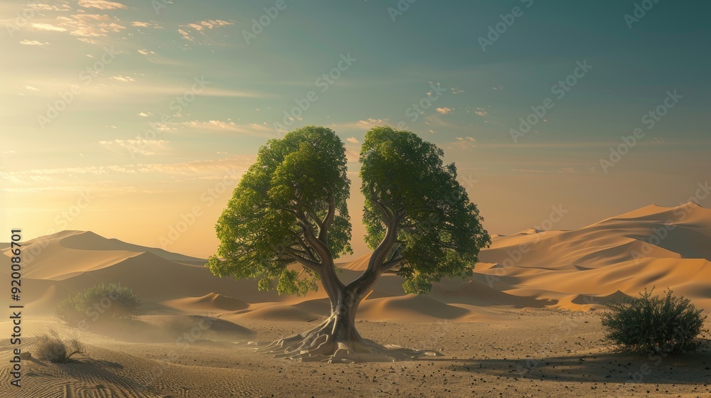 Tree sculpted into lungs in a desert landscape with sand dunes in the ...