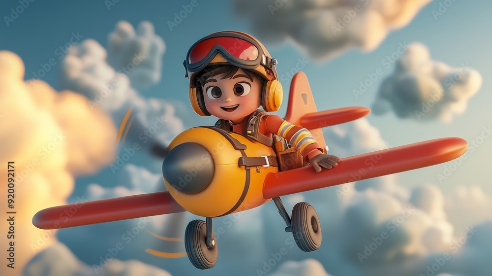 3d illustration cartoon boy hero pilot with retro airplane , generated ...