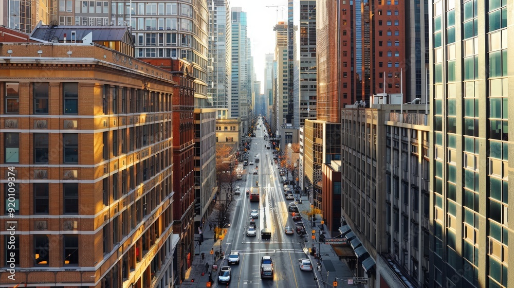 A bustling downtown area, where buildings of various heights and styles ...
