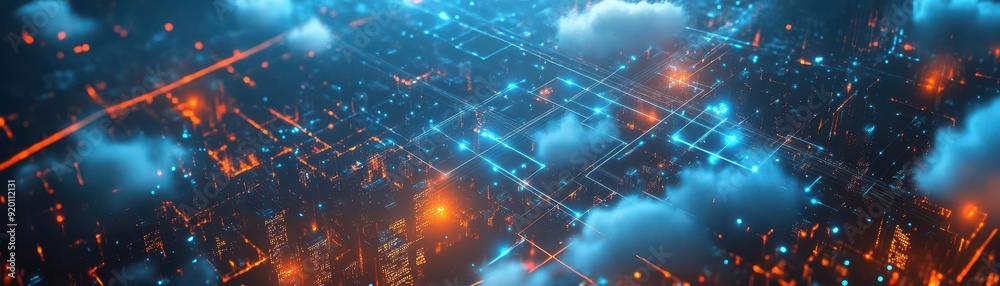 Virtual reality city with clouds and network pathways, Simulating data ...