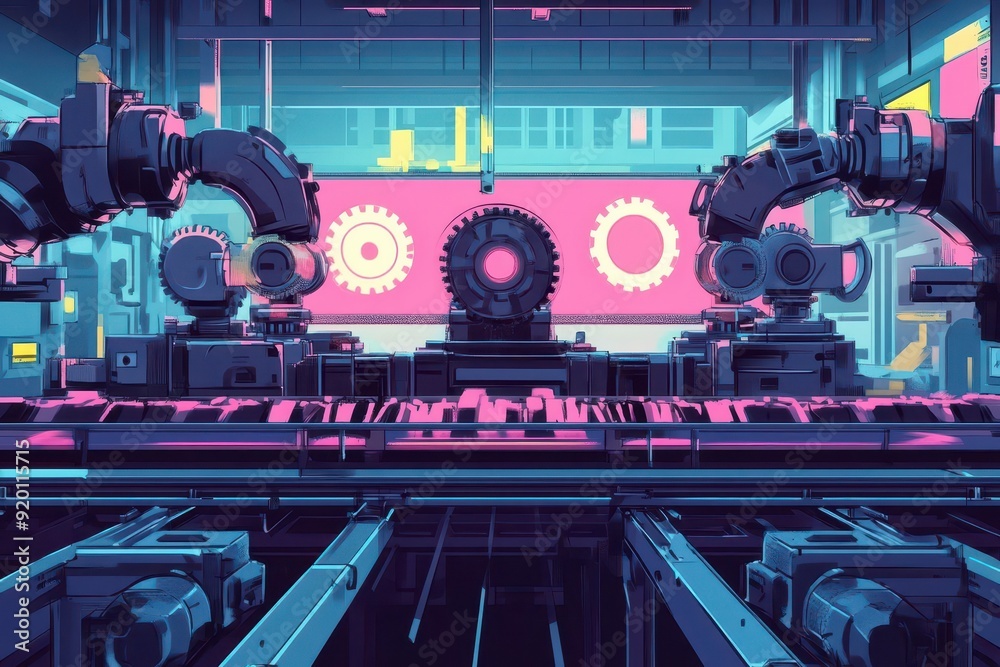 AI robot assembling gears on a production line, surrounded by floating ...